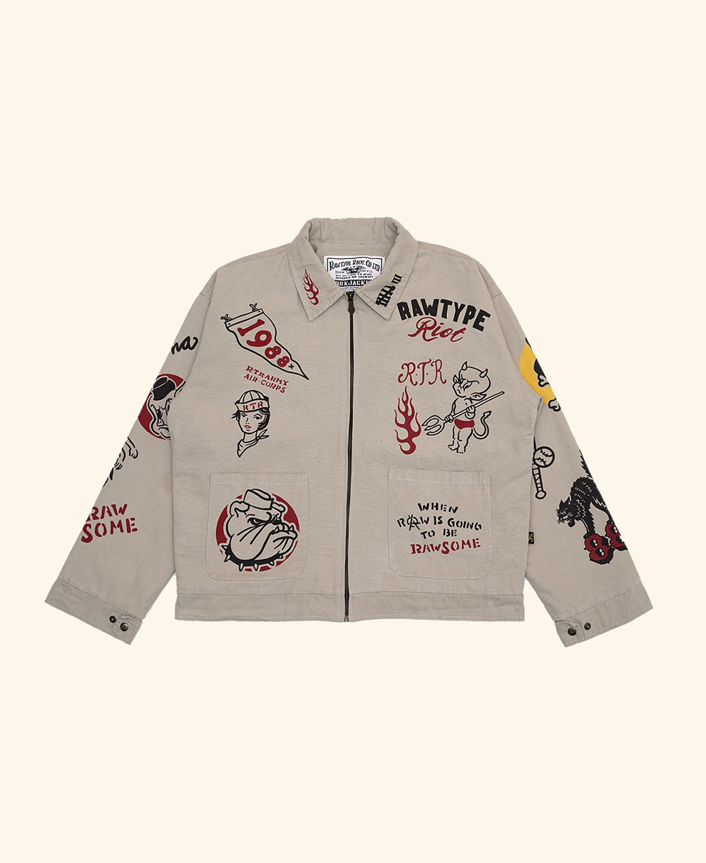 RAWTYPE RIOT 1988 Aloha Stencil Work Jacket - Cream – Rawtype Riot